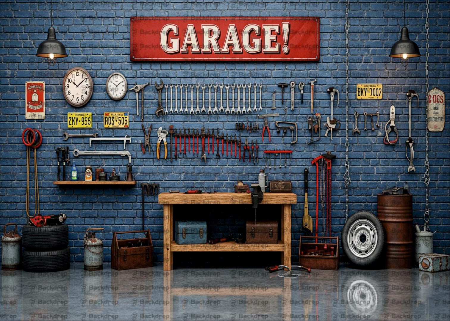 Vintage Garage Workshop Backdrop with Tools and Brick Wall – Backdrop ...